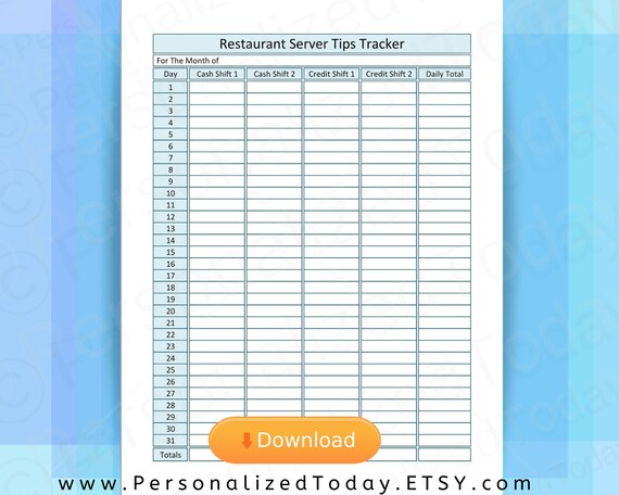 Printable Restaurant Server Tips Tracker Monthly Cash and | Etsy