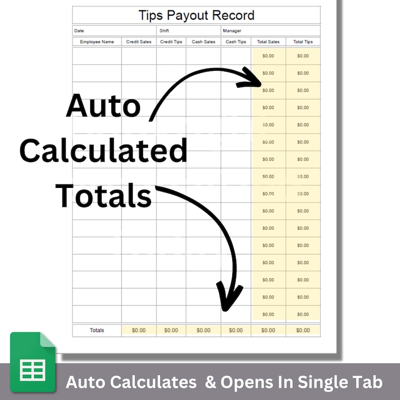 Tips Payout Record Cash and Credit Gratuities Spreadsheet With ...
