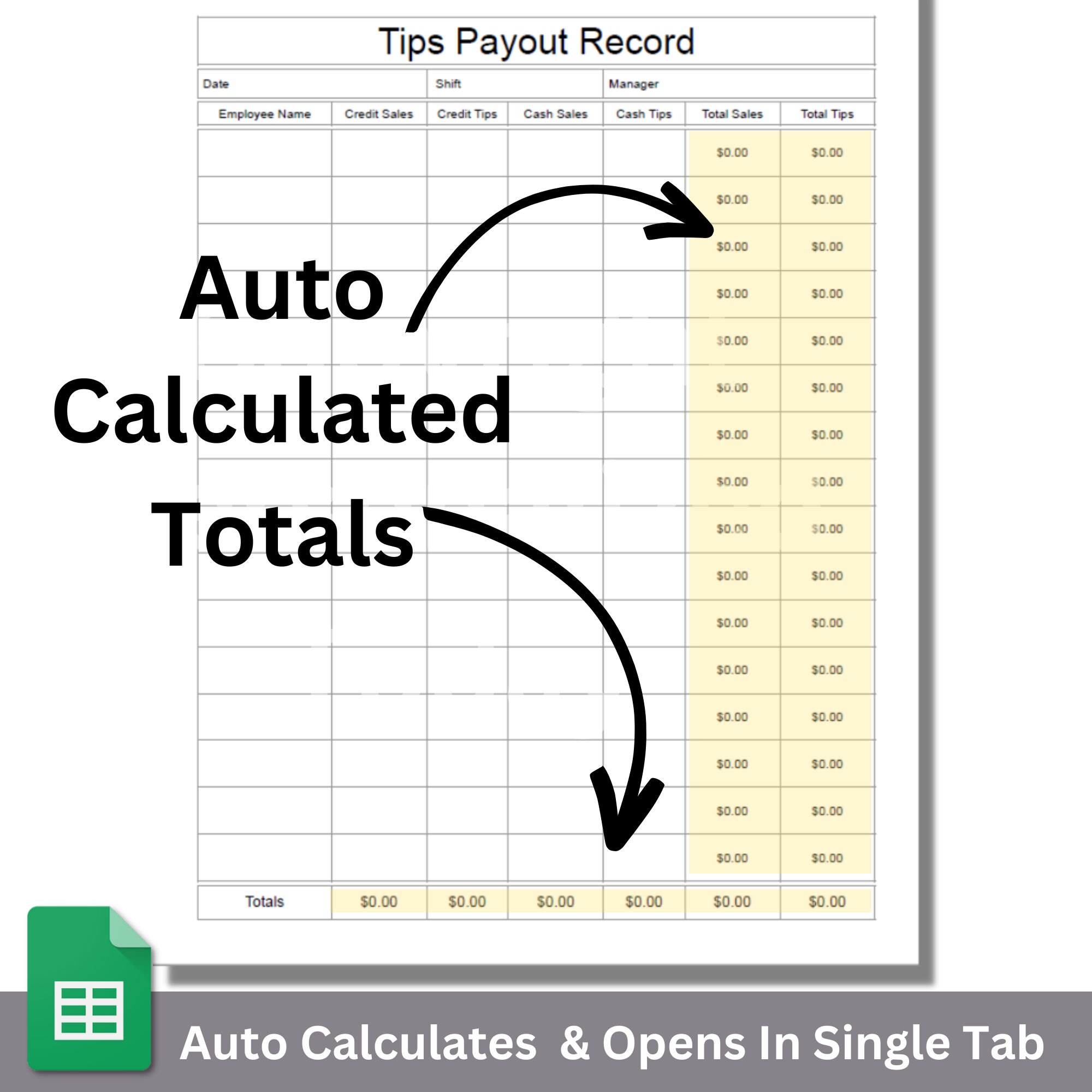 Tips Payout Record Cash and Credit Gratuities Spreadsheet With ...