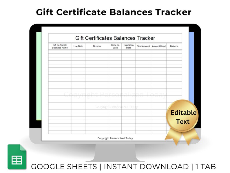 Gift Certificate Balances Tracker Text Editable Google Sheets Template ...