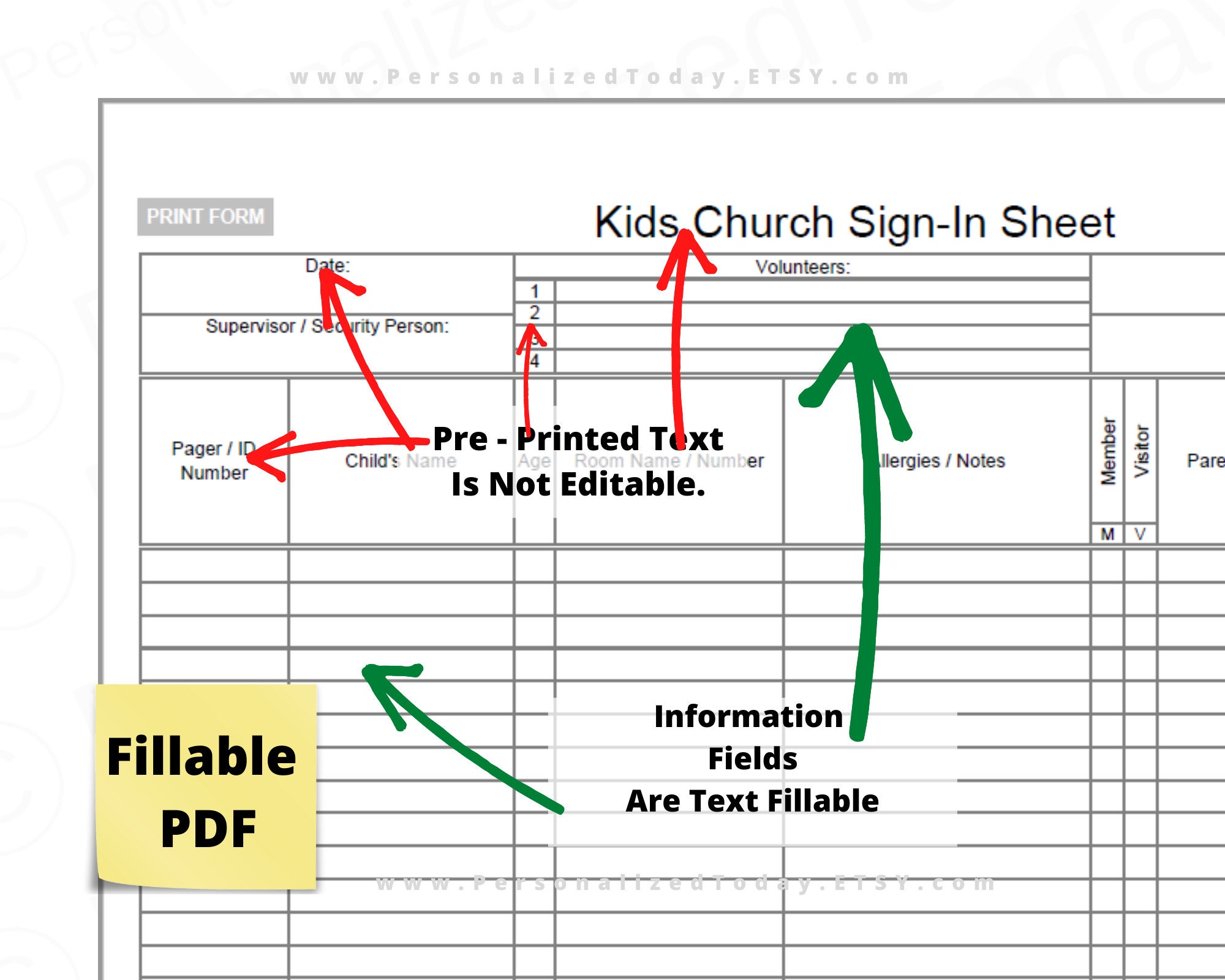 Kids Church Children's Church Sign in Sheet Fillable and Print and ...