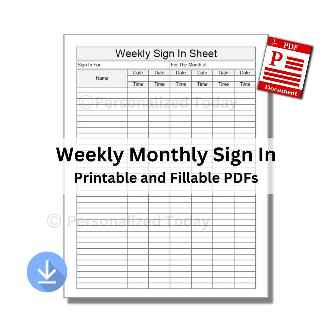 PDF Weekly Monthly Sign in Sheet Fillable and Printable PDF - Etsy