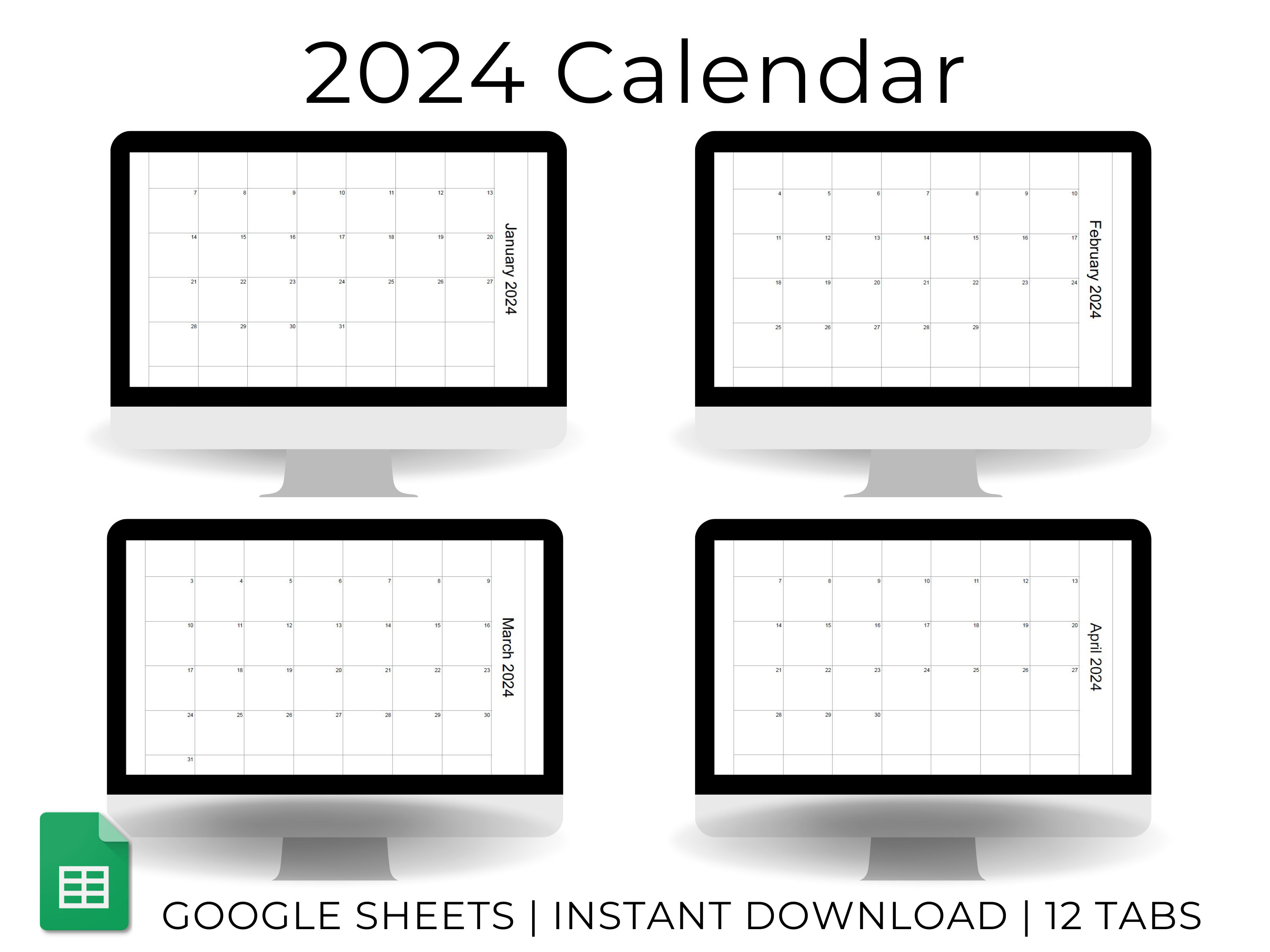 Google Sheets 2024 Monthly Calendars Text Fillable / Text Editable Spreadsheet Template With One ...