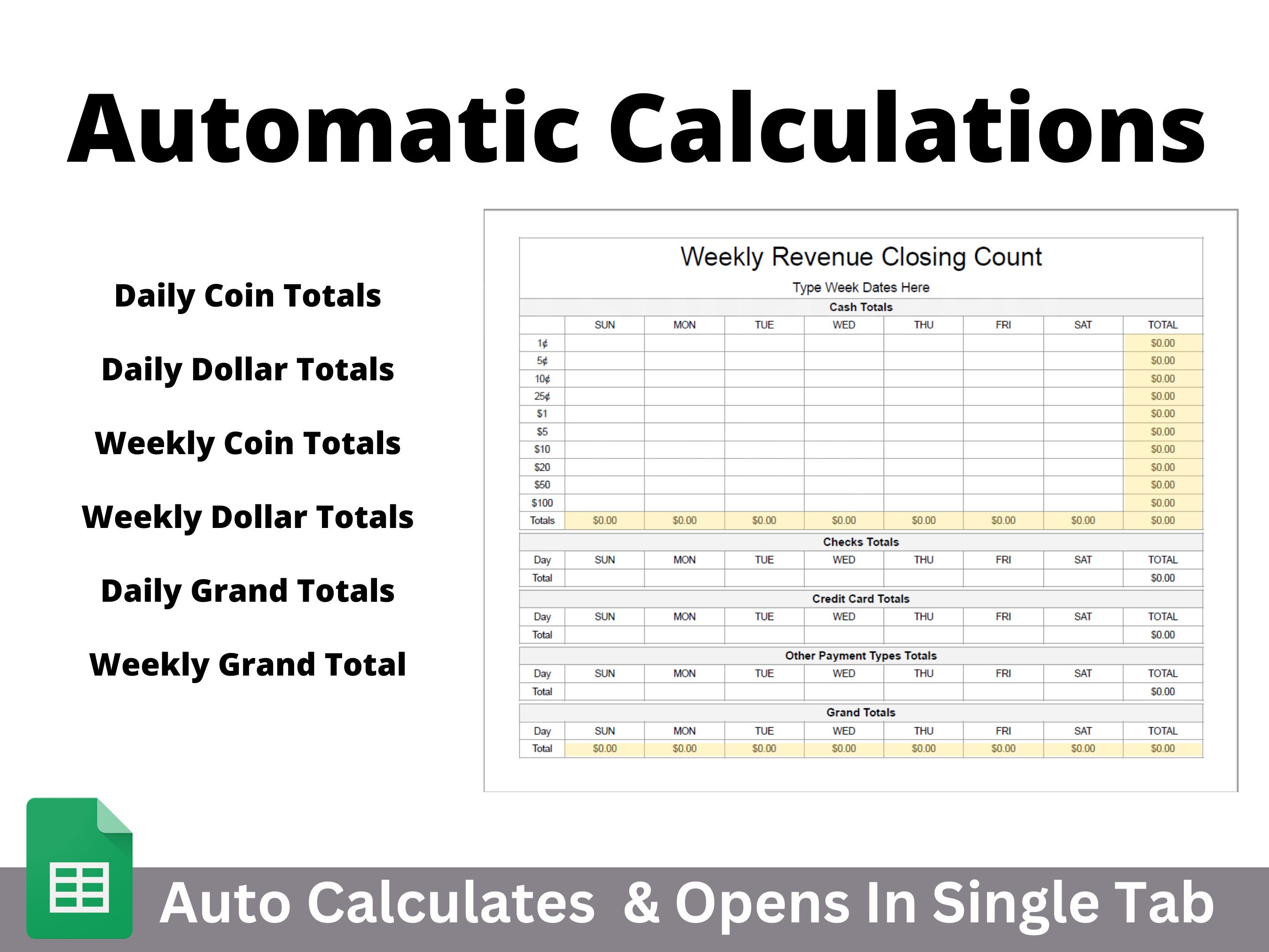 Weekly Closing Revenue Count Google Sheets Editable Spreadsheet ...