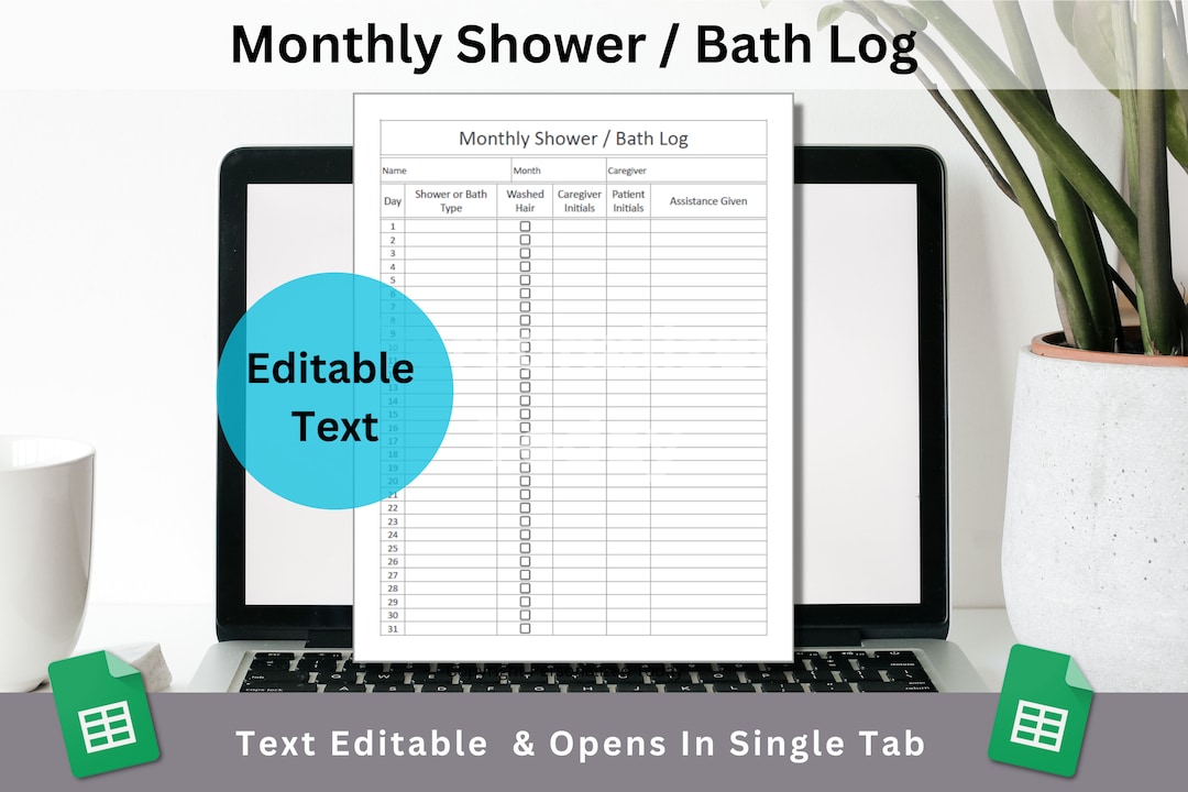 Assisted Living Monthly Shower / Bath Log Google Sheets Text Editable ...