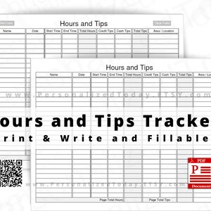 Hours and Tips Tracker Print and Write and Text Input Fillable - Etsy