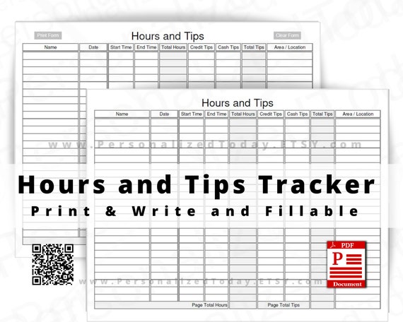 Hours and Tips Tracker Print and Write and Text Input Fillable - Etsy