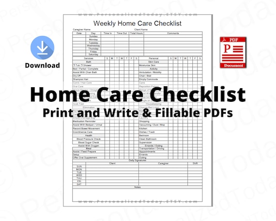 Weekly Home Care Checklist Print and Write and Fillable PDF - Etsy