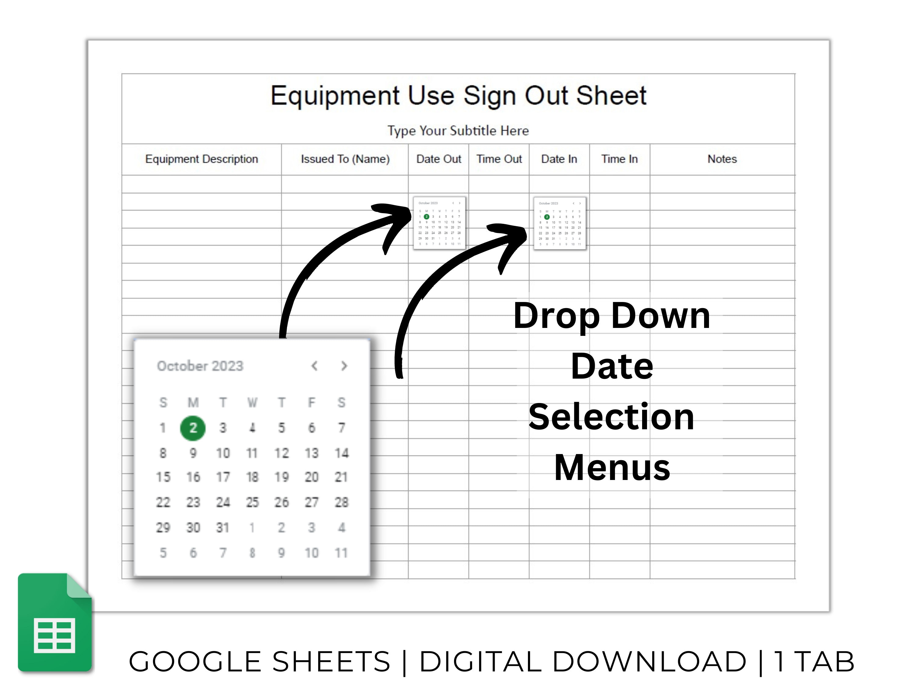 Equipment Use Sign Out Sheet for Equipment Borrowing Dates and Times ...