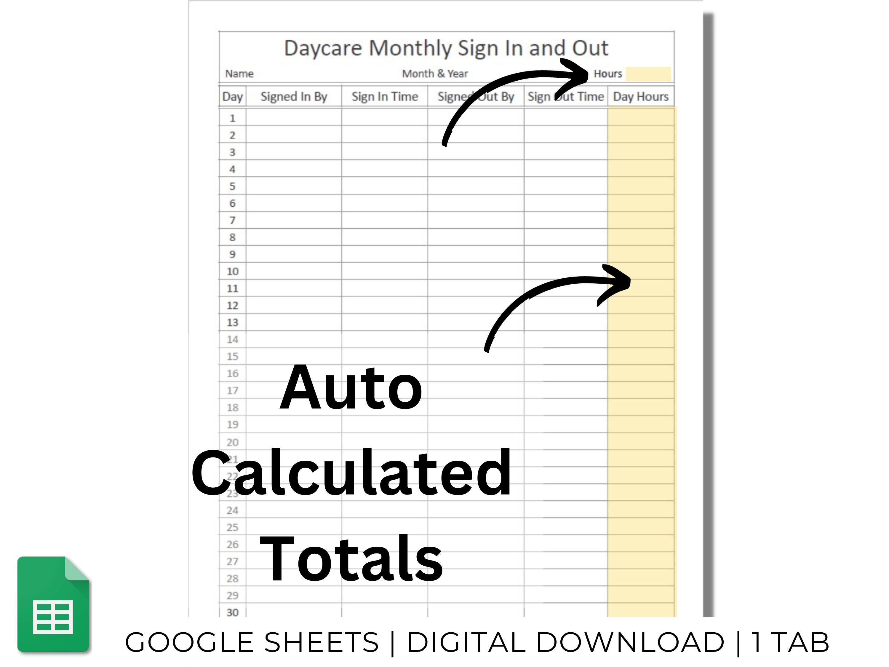 Daycare Monthly Sign in and Out, Student Name Auto Calculating Sign in ...