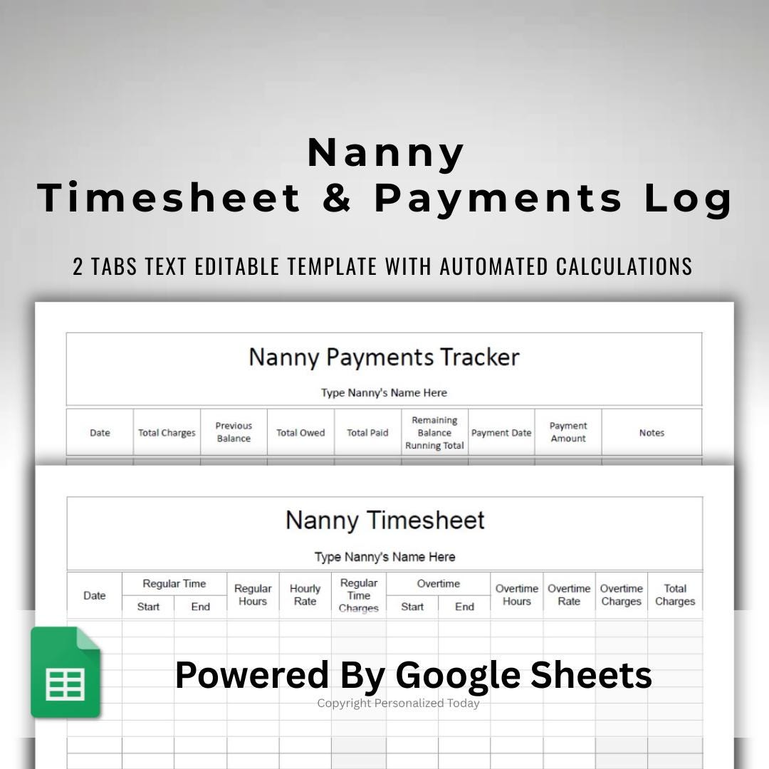 Nanny Timesheet and Childcare Hours Payments Tracker Text Editable ...