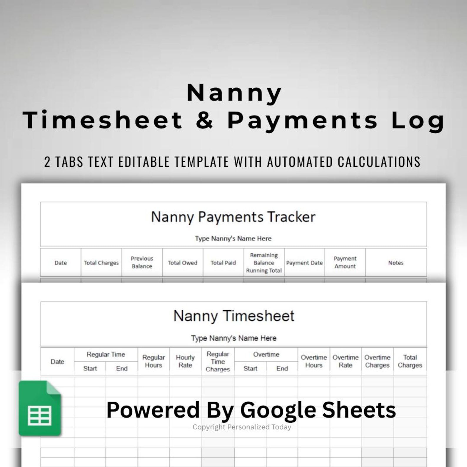 Nanny Timesheet and Childcare Hours Payments Tracker Text Editable ...