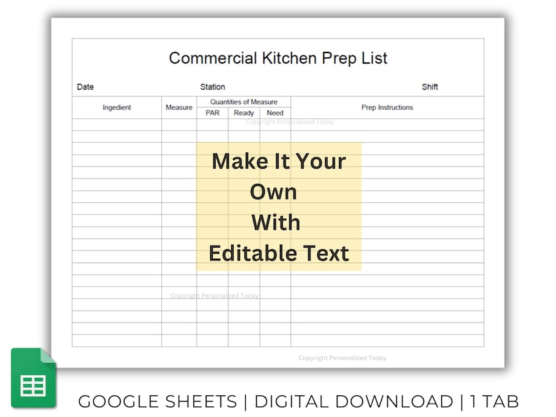 Commercial Kitchen Prep List - Restaurant Prep Sheet - Ingredient ...
