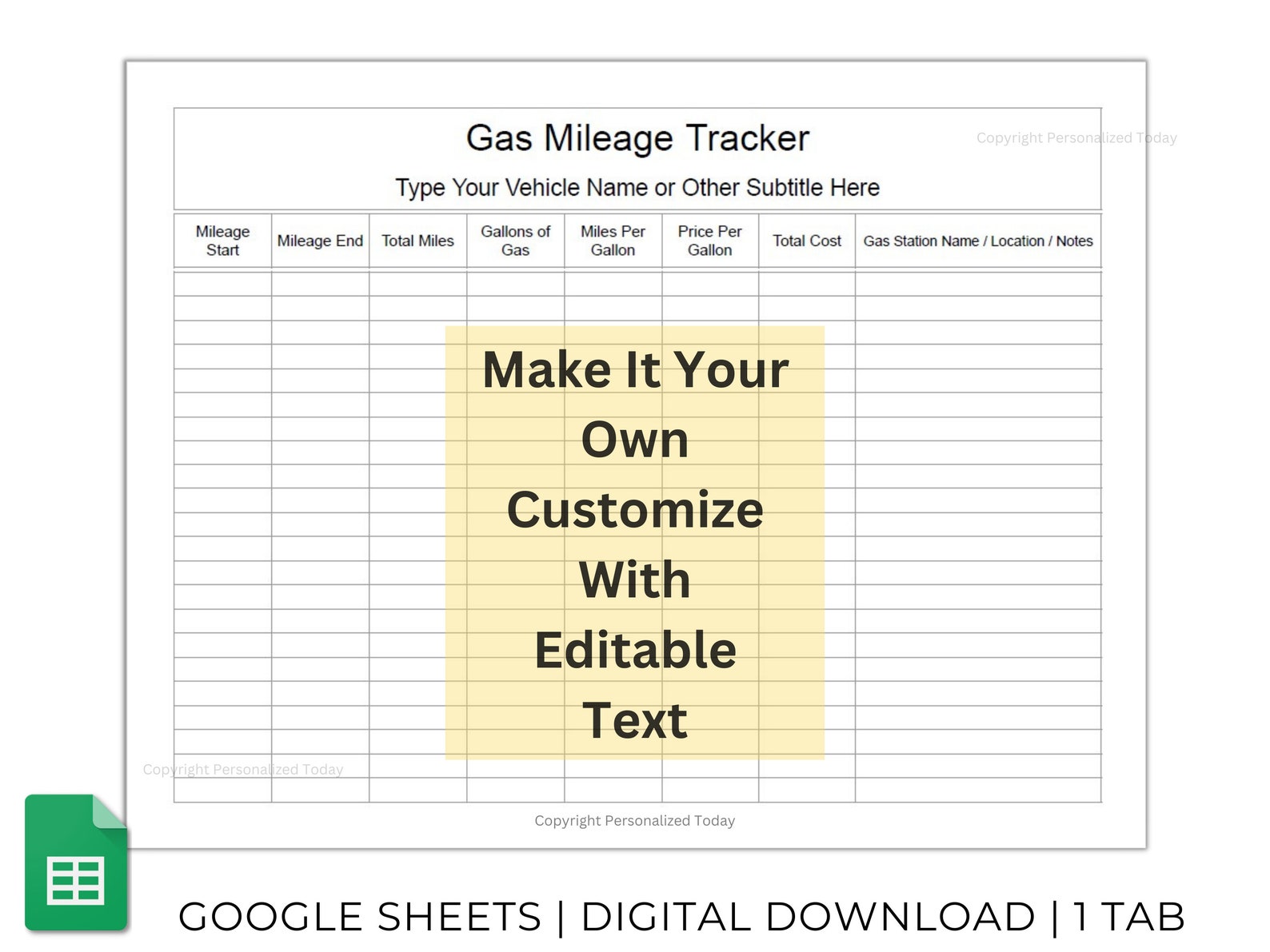 Gasoline Mileage and Spending Tracker Text Editable Google Sheets ...
