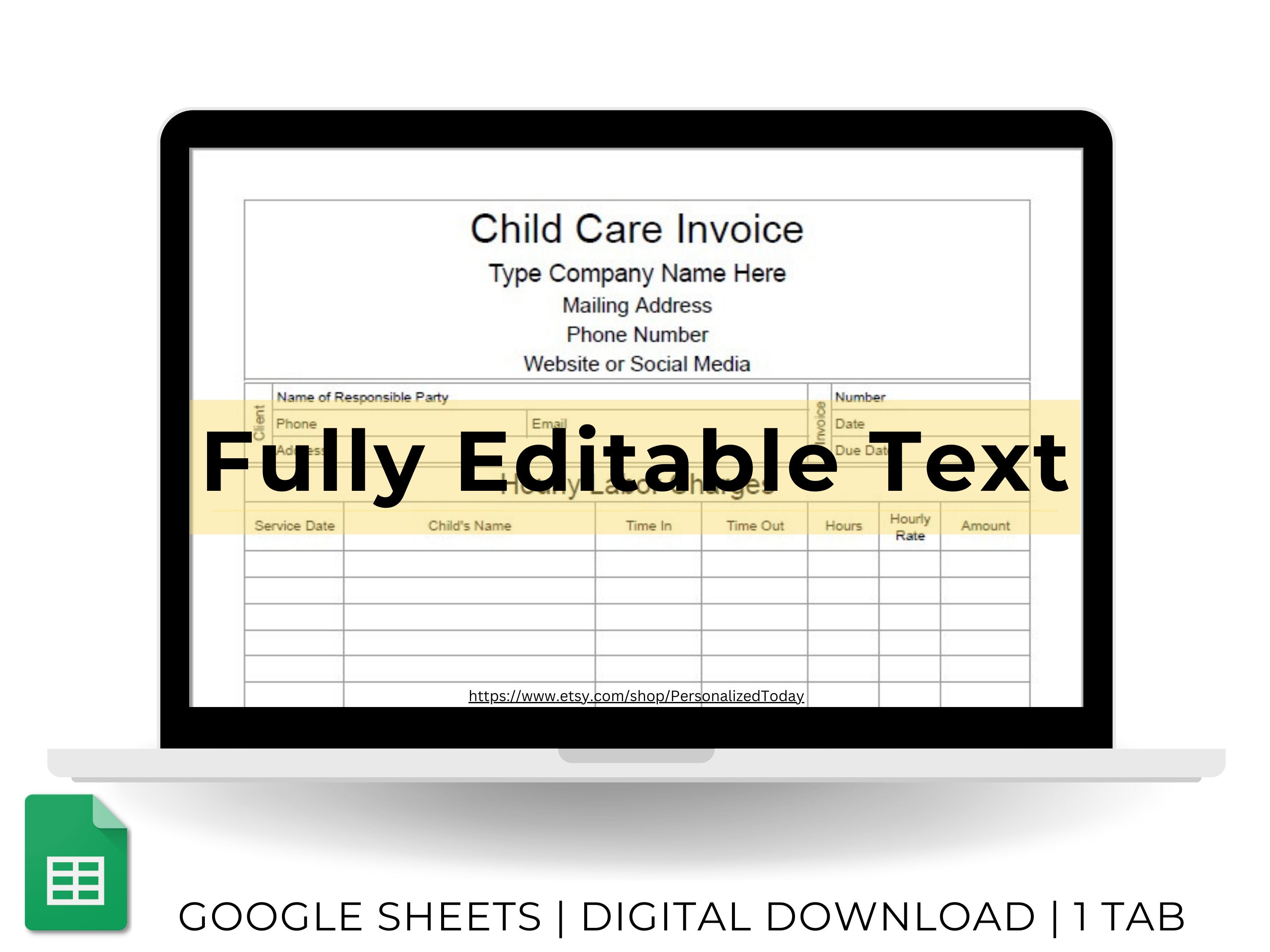 Child Care Invoice Google Sheets Template Text Editable / - Etsy