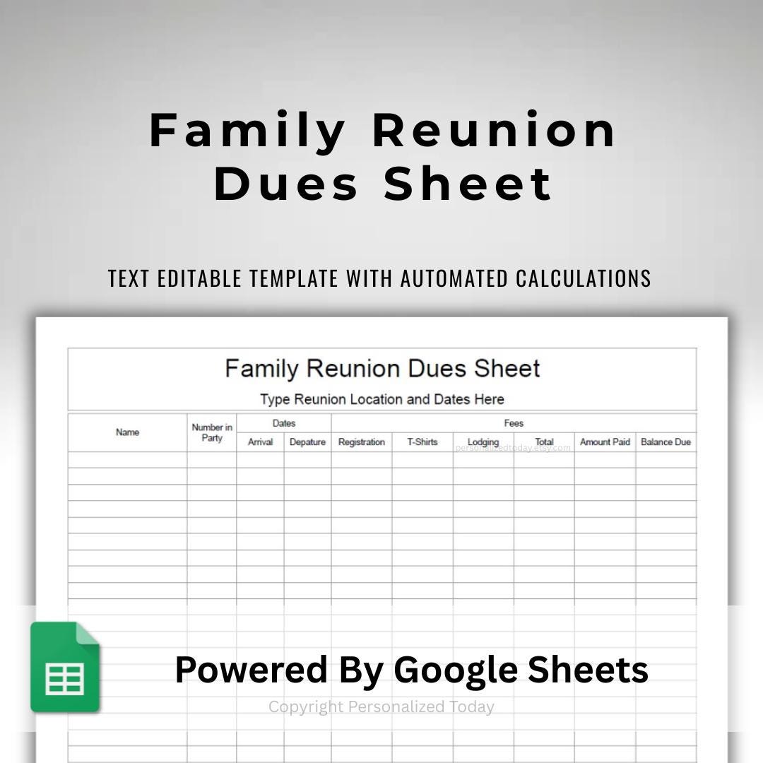 Google Sheets Family Reunion Dues Sheet Template Text Fillable / Text ...