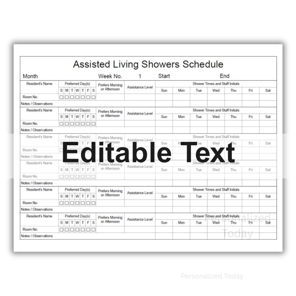 ADL Showers Schedule - Weekly and Monthly Assisted Living Resident ...