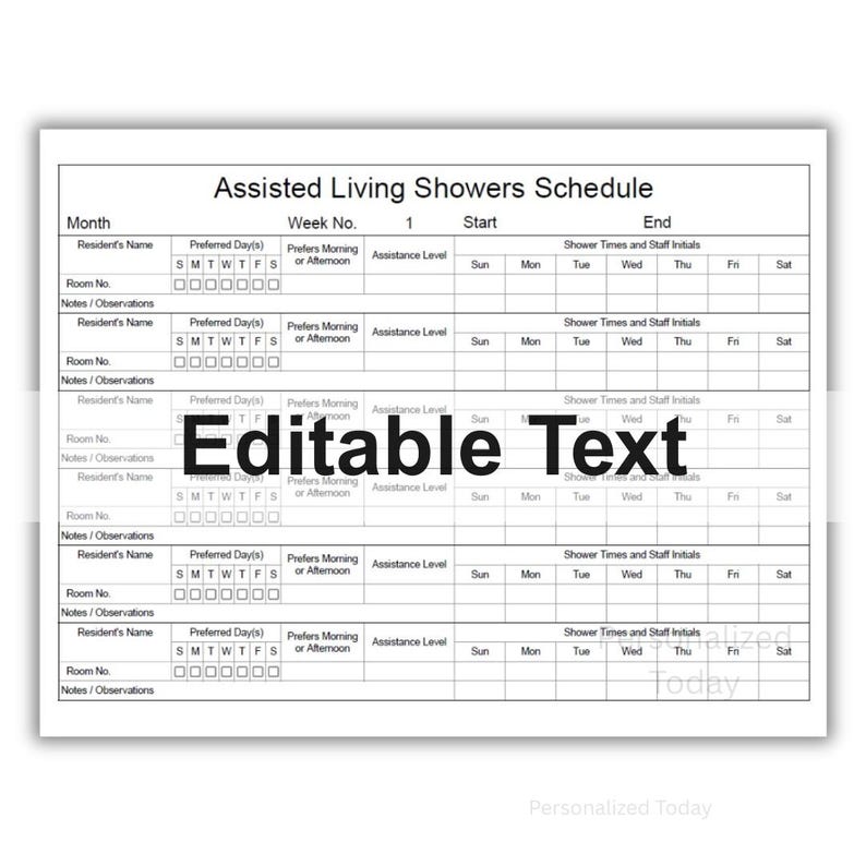 ADL Showers Schedule - Weekly and Monthly Assisted Living Resident ...