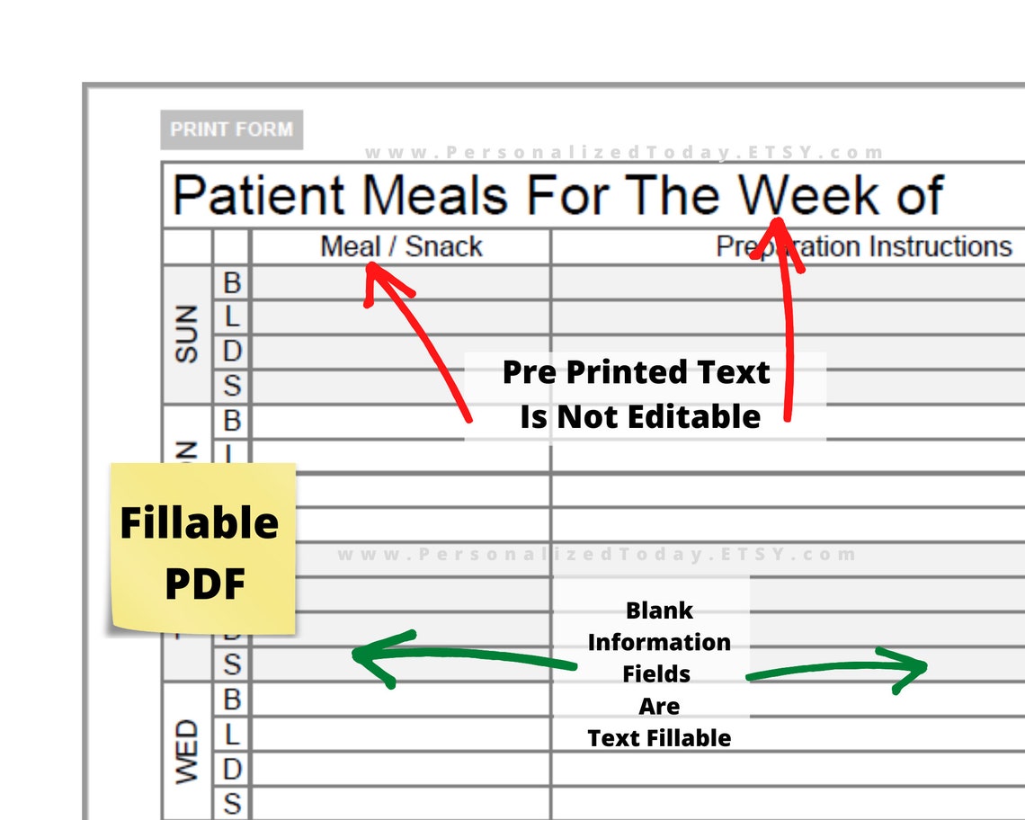 Printable Weekly Patient Meals Planner for Caregivers - Etsy