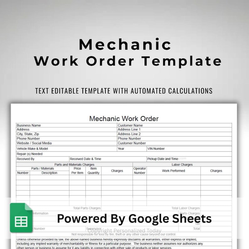 Mechanic Work Order Automotive Invoice Google Sheets Editable ...