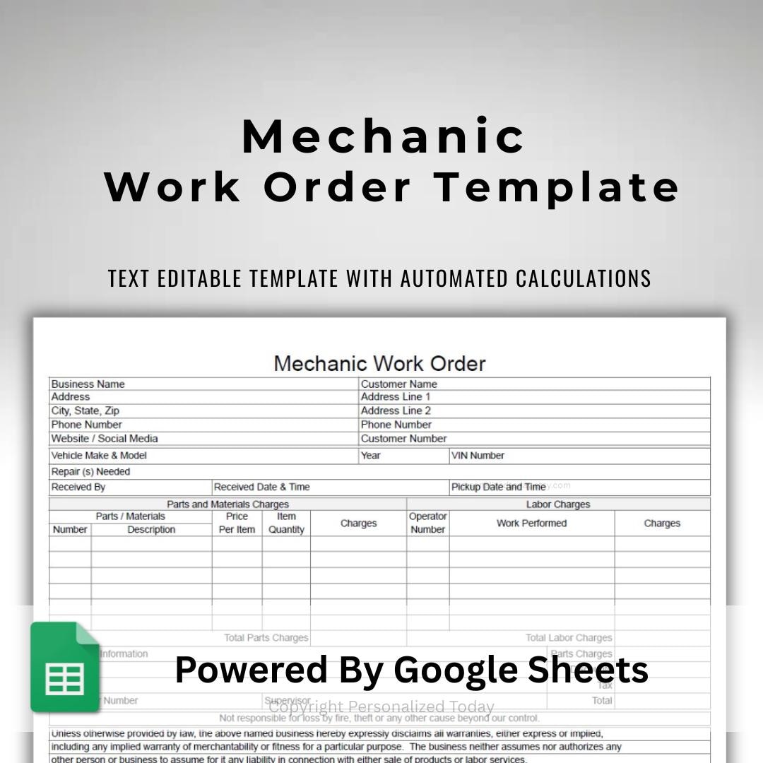 Mechanic Work Order Automotive Invoice Google Sheets Editable ...