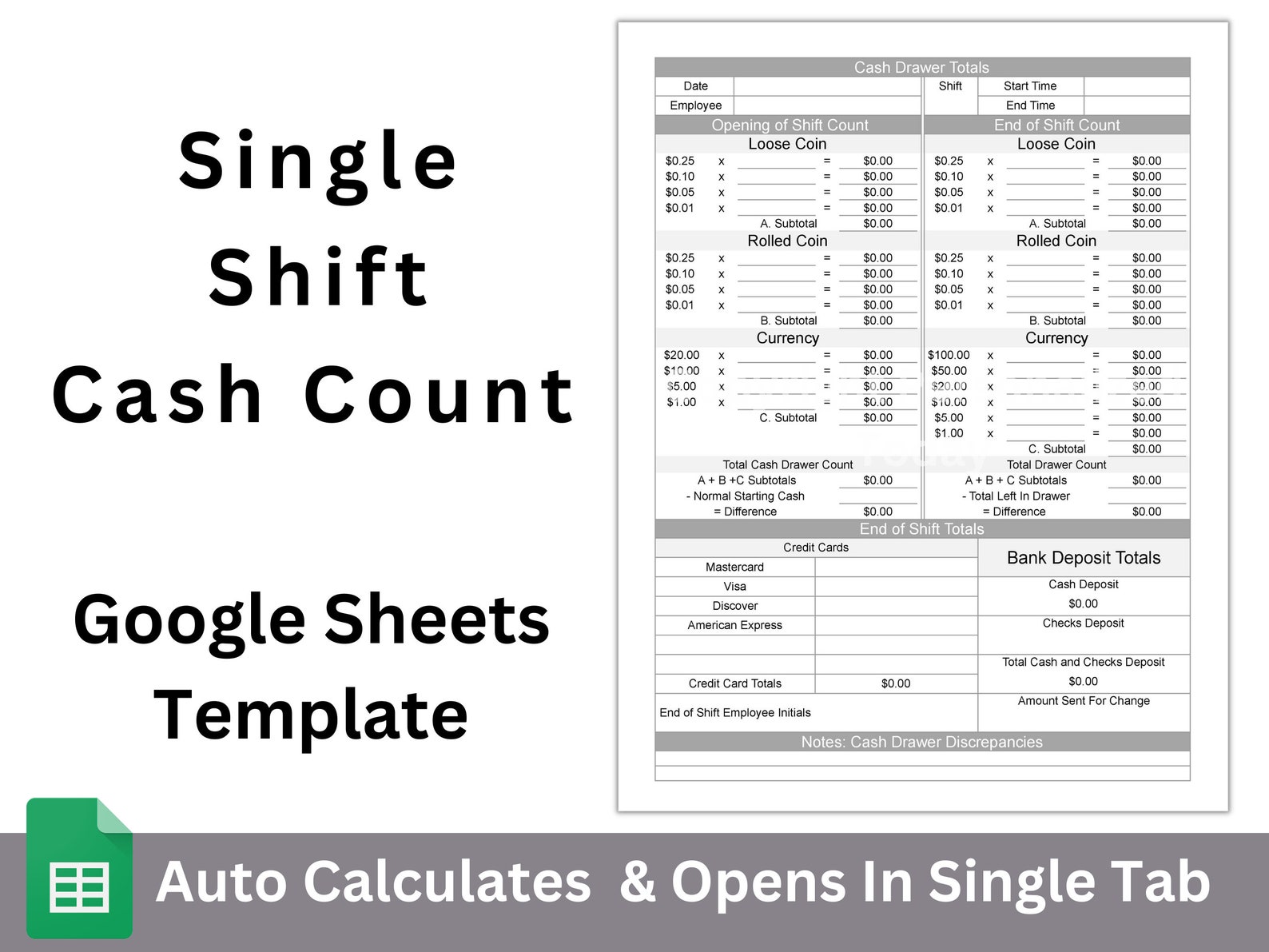Cash Register Count Single Shift Google Sheets Editable Spreadsheet ...