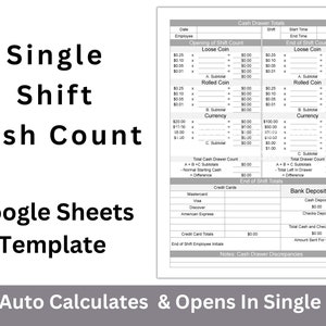 Cash Register Count Single Shift Google Sheets Editable Spreadsheet ...
