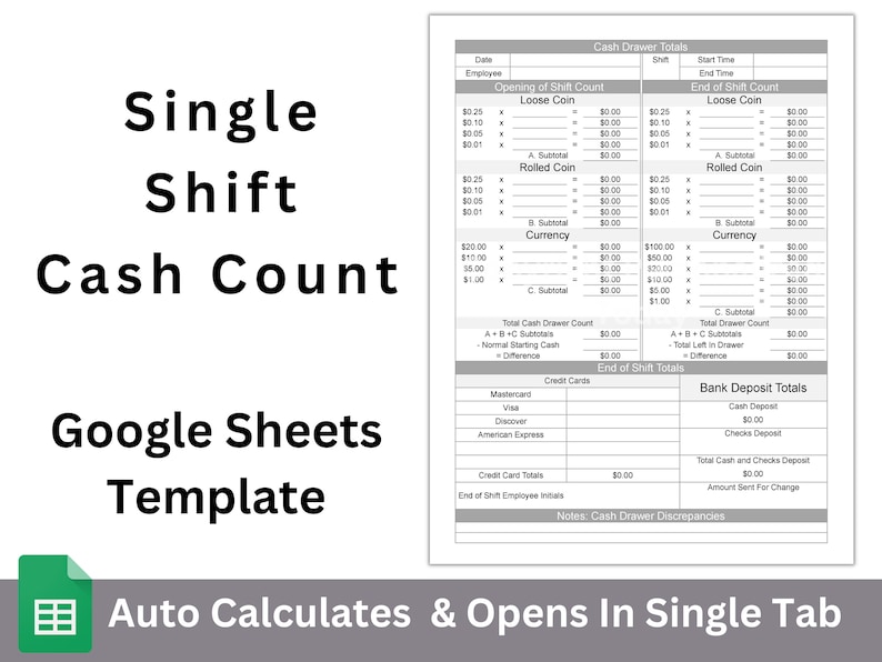 Cash Register Count Single Shift Google Sheets Editable Spreadsheet ...
