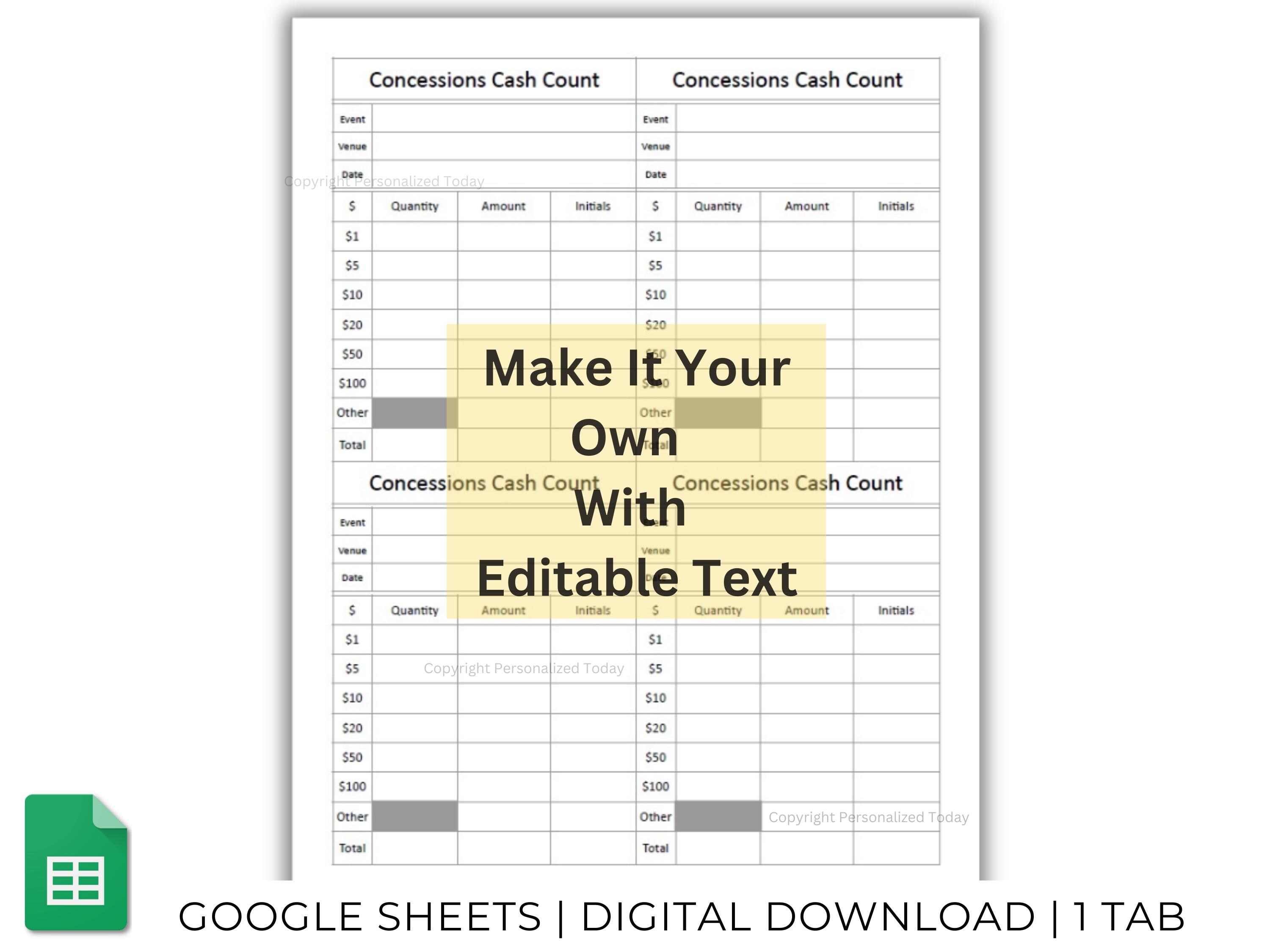 School Concessions Money Count Cards Cash Box Slips PTA Money Log ...