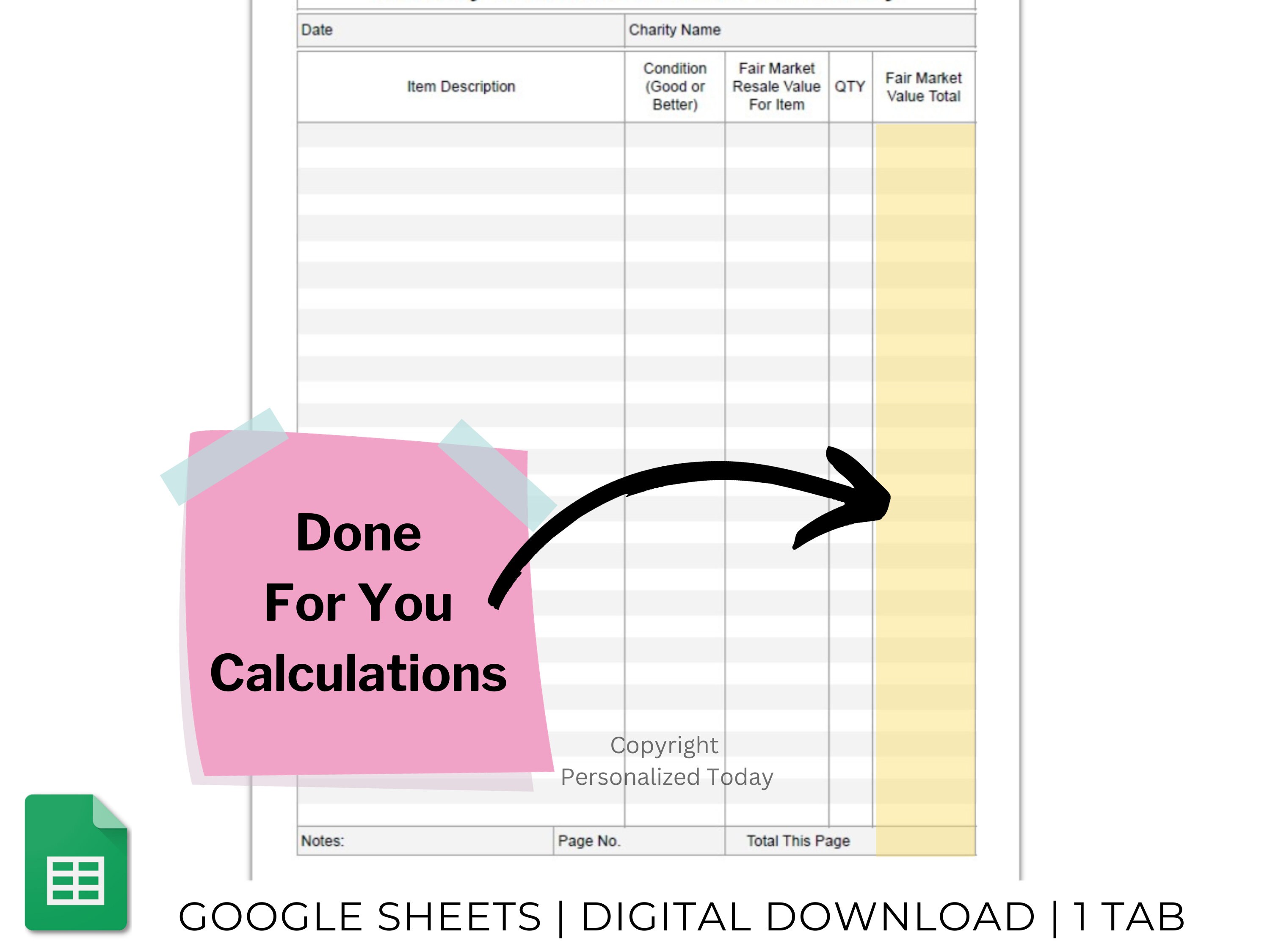 Non Cash Charity Donation Items Inventory Text Editable Template for ...