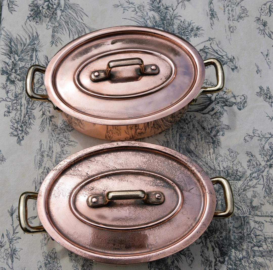 Two Tournus Copper Cocottes Casseroles Marmites Small Oval Pots French ...