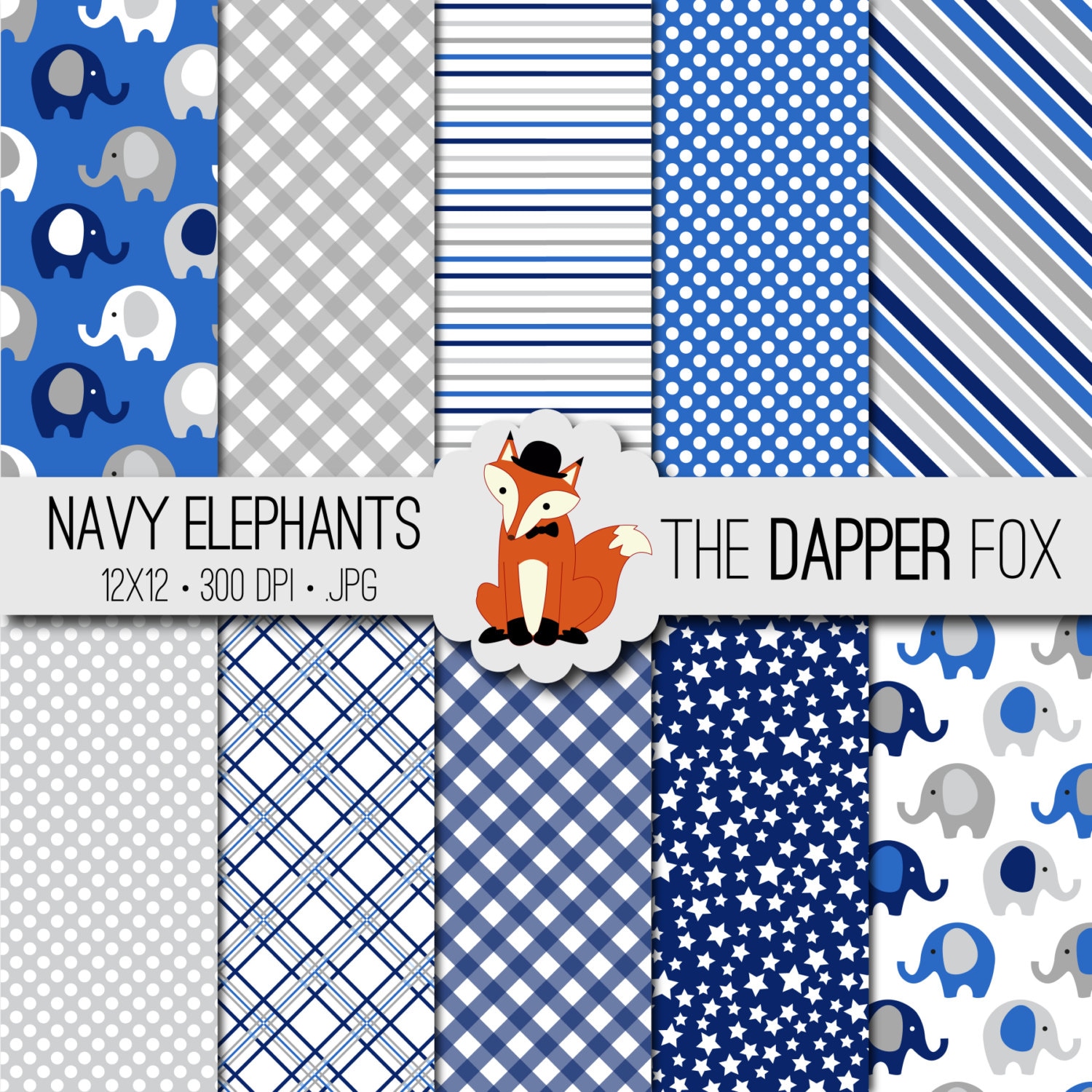 Navy and Grey Baby Elephant Digital Paper Pack INSTANT - Etsy