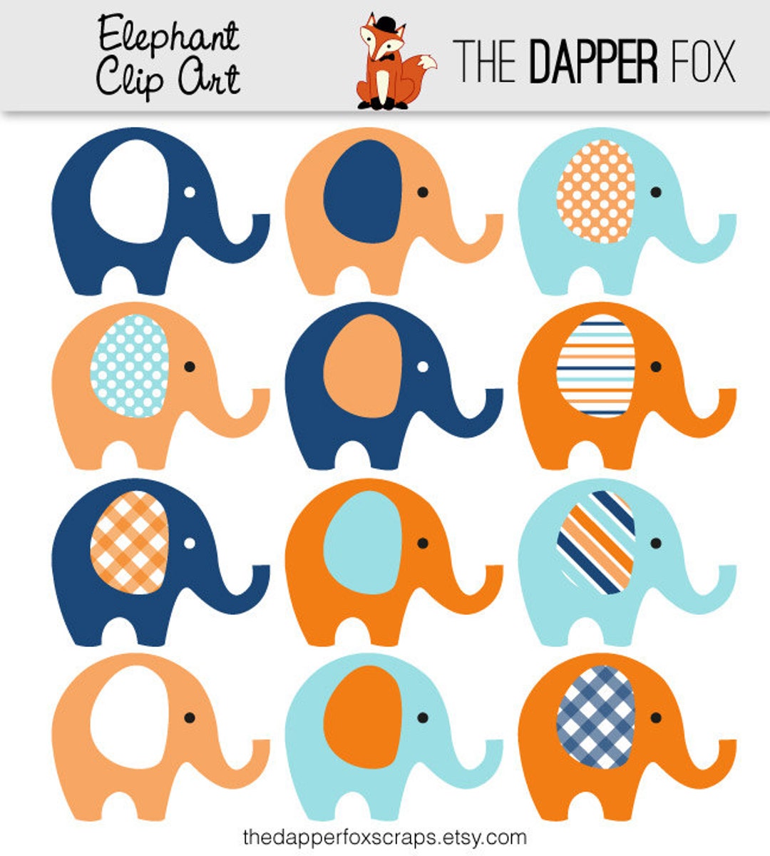 Blue and Orange Elephant Clip Art INSTANT DOWNLOAD Boy Baby Shower ...