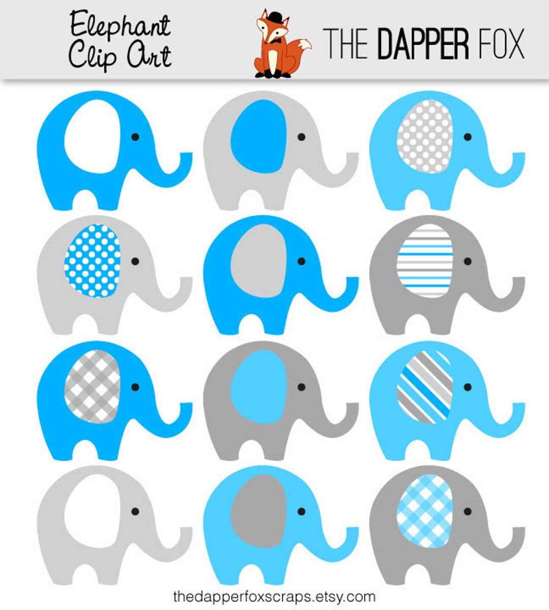 Bright Blue and Grey Elephant Clip Art INSTANT DOWNLOAD Baby Boy Baby ...