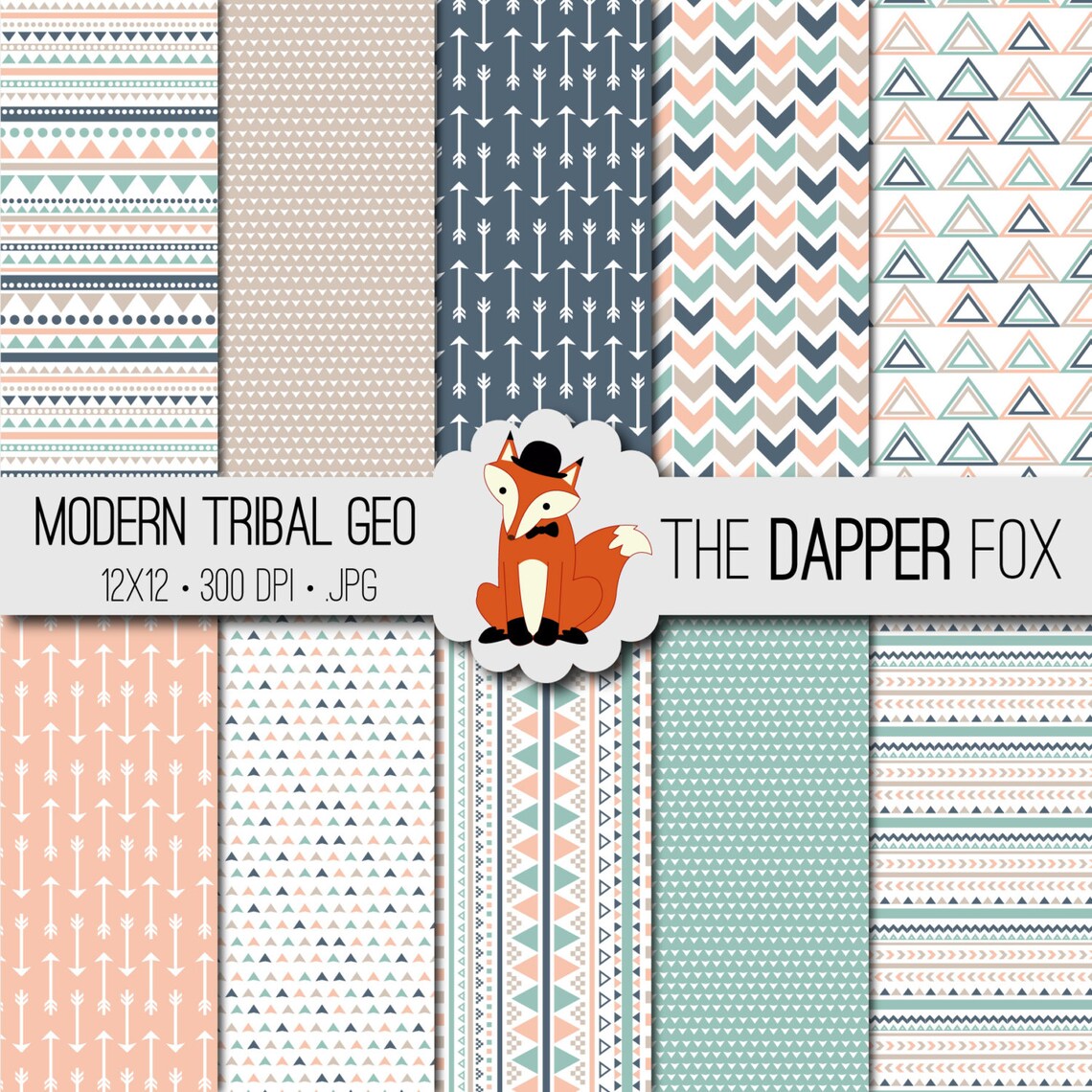 Tribal Geometric Aztec Digital Paper Pack in Navy Teal Peach - Etsy