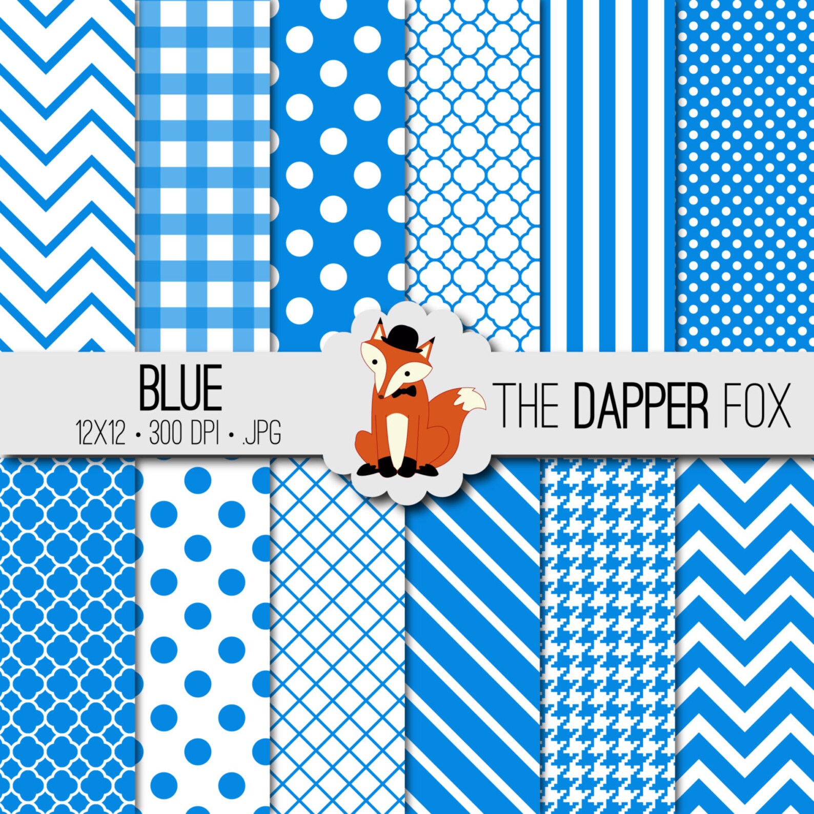 Blue Digital Paper Pack INSTANT DOWNLOAD 12x12 Chevron, Stripes, Dots ...