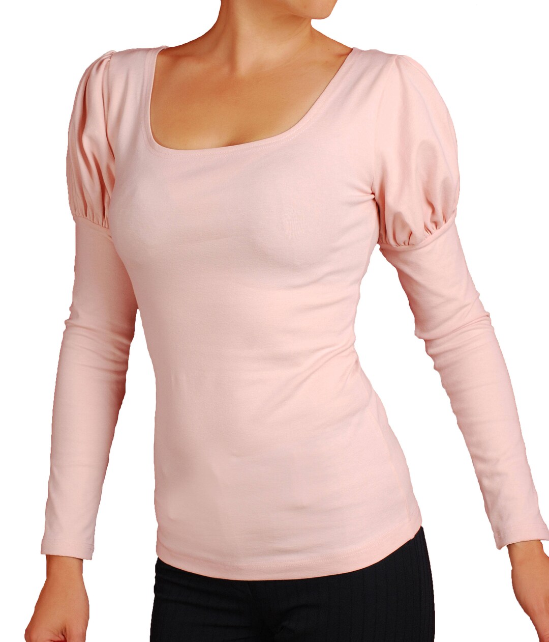 Fitted Long Sleeve Blouse, Rushed Shoulder Top, Round Neck Handcrafted ...