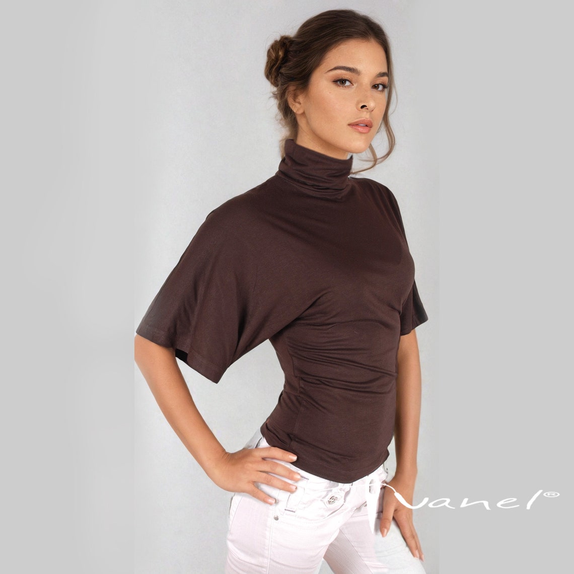 Wide Bell Sleeve Turtleneck Top: Fitted Elegant Blouse Handcrafted ...