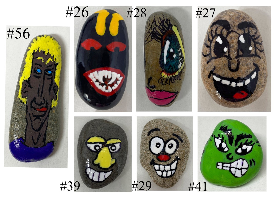Painted Rocks Little Faces With Fun Expressions Big Grins, Yellow Noses ...