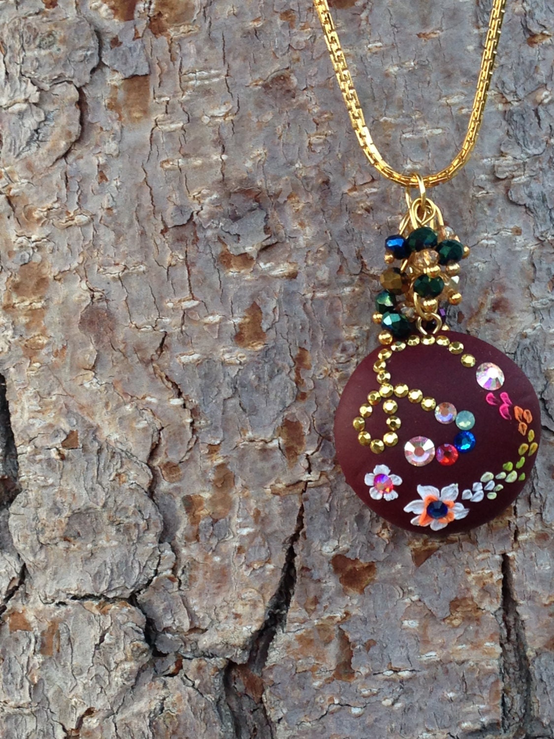 Deep Red Handmade Pendant With White Flowers, Crystal, and Gold Colored ...