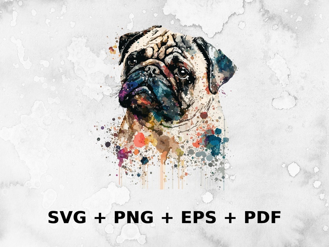 Watercolor Pug SVG PNG EPS, Commercial Use Clipart Vector Graphics for ...