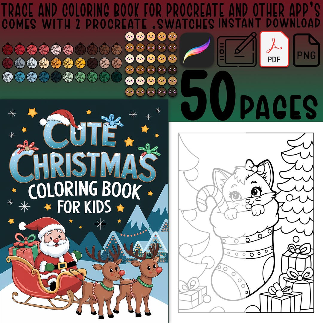 50 Trace and Color, Christmas Tracing & Coloring Book, Procreate, 2 ...
