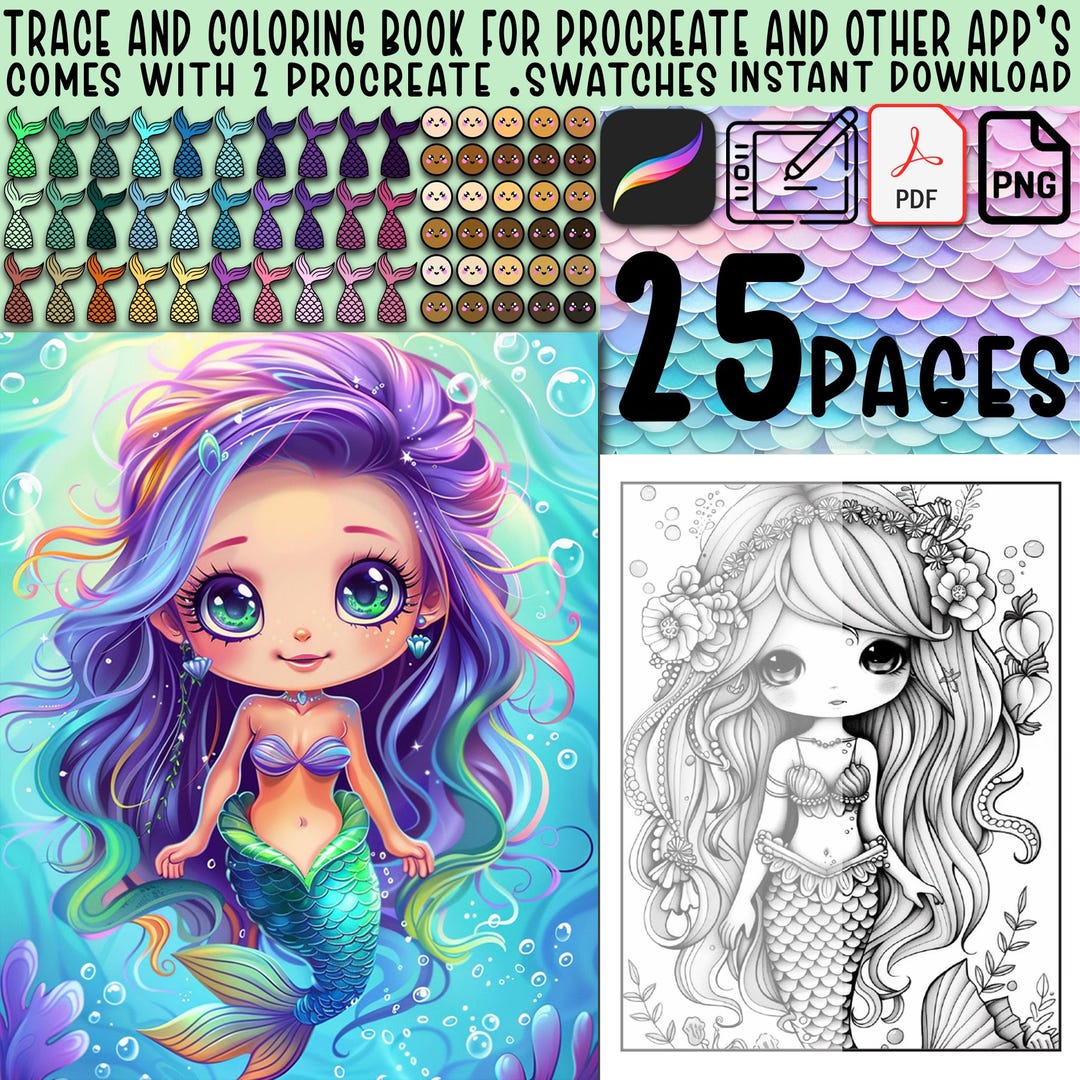 25 Trace and Color Pages, Mermaid Coloring Book, Procreate, Palette ...