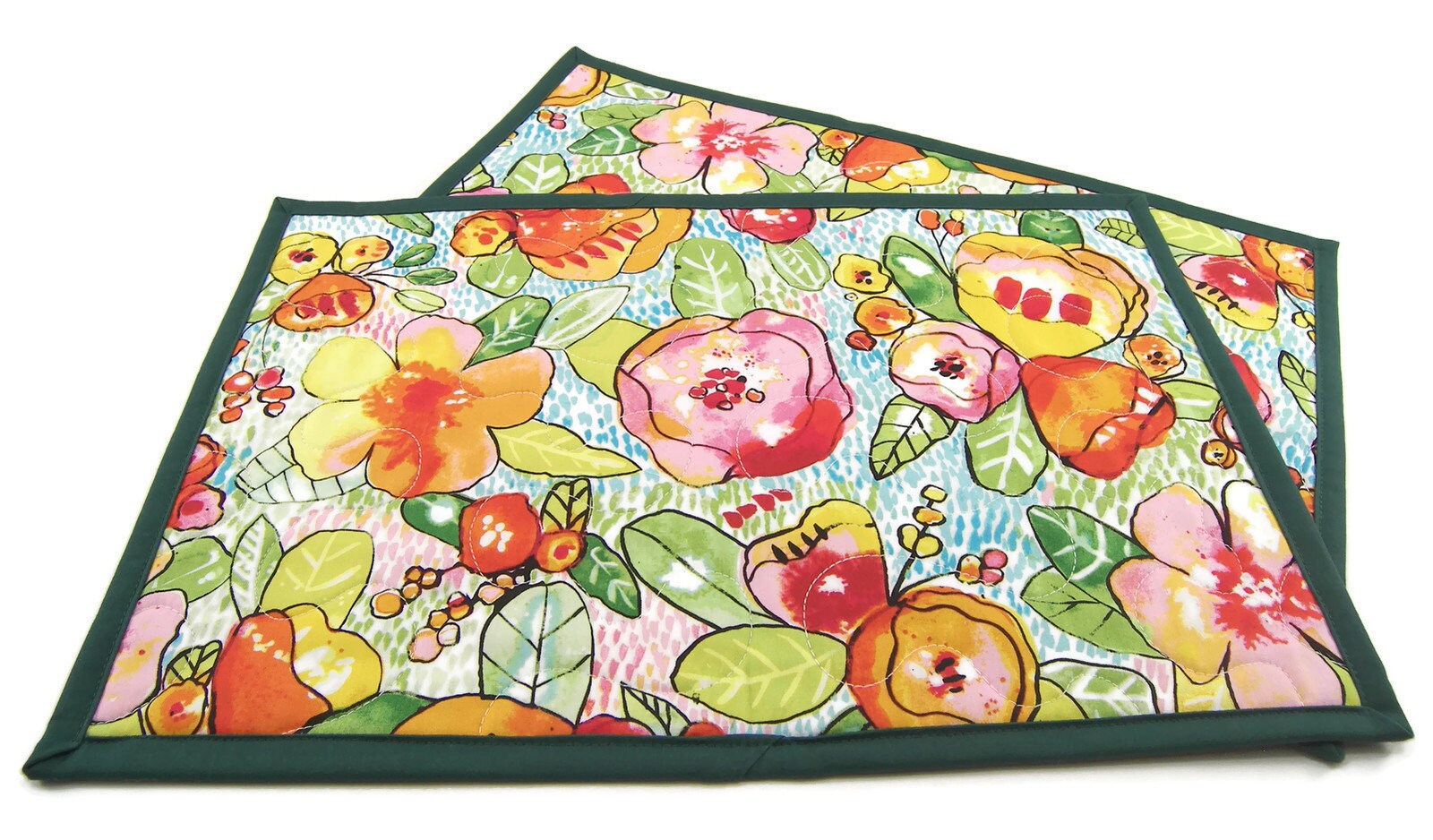 Quilted Placemats Colorful Flowers on White Cotton Set of 2 - Etsy