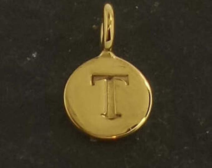 Gold on Sterling Silver Round Letter Charm T, Gold Initial T Charm ...