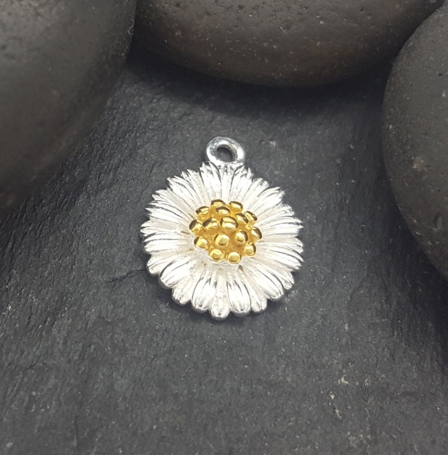 Sterling Silver Daisy Charm Pendant With Gold Centre , Solid Silver ...