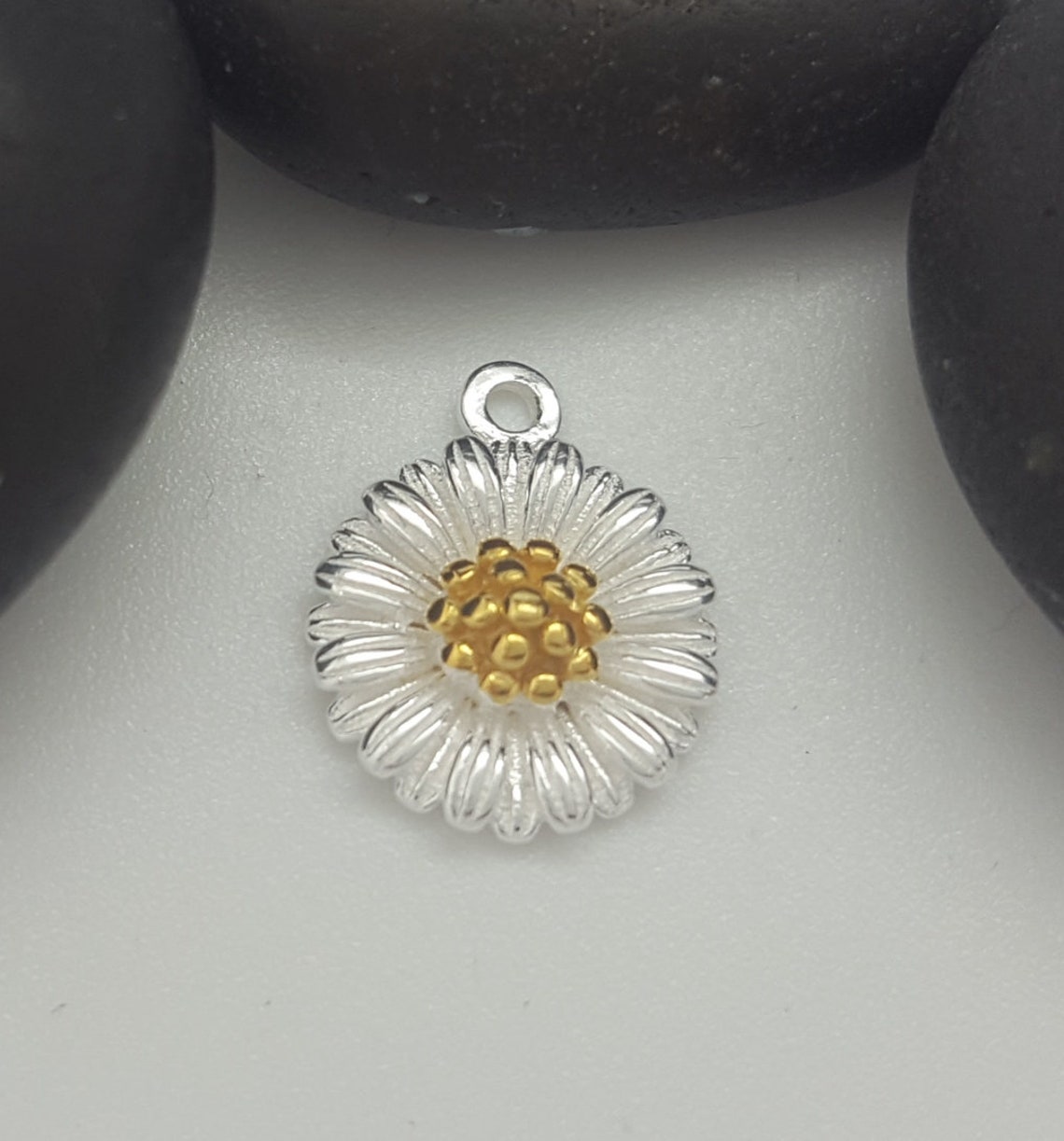 Sterling Silver Daisy Charm Pendant With Gold Centre , Solid Silver ...