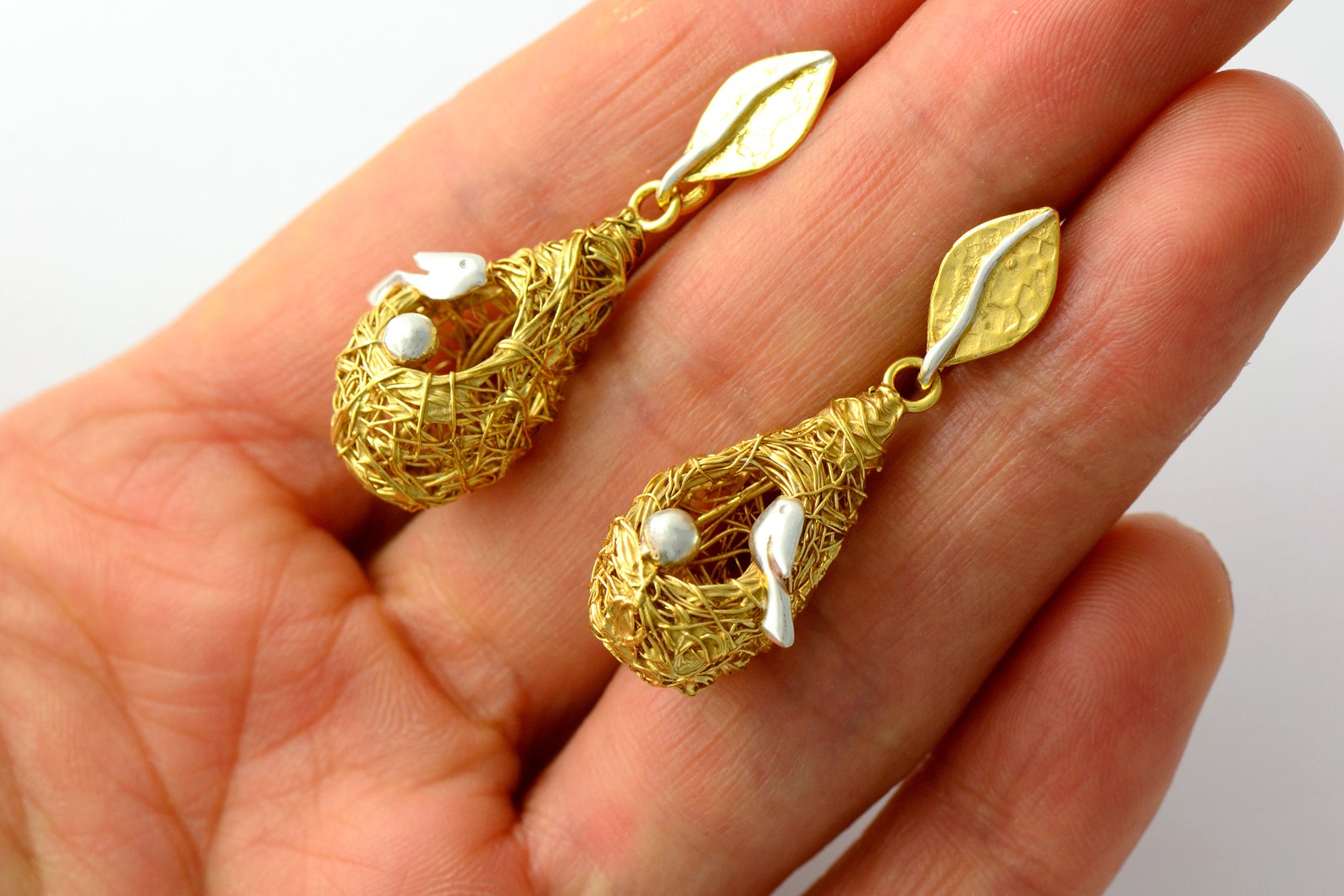 Long Bird Earrings Bird Nest Earrings 24K Gold Plated Drop | Etsy
