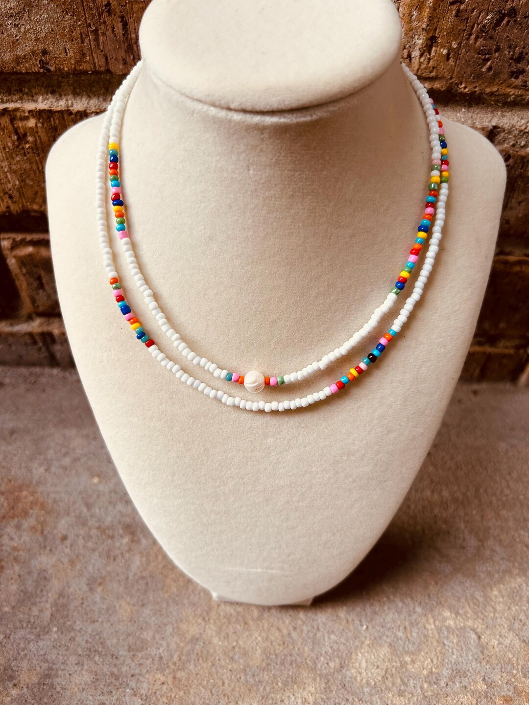 Double Strand Rainbow Colored Seed Bead Necklace With Freshwater Pear ...