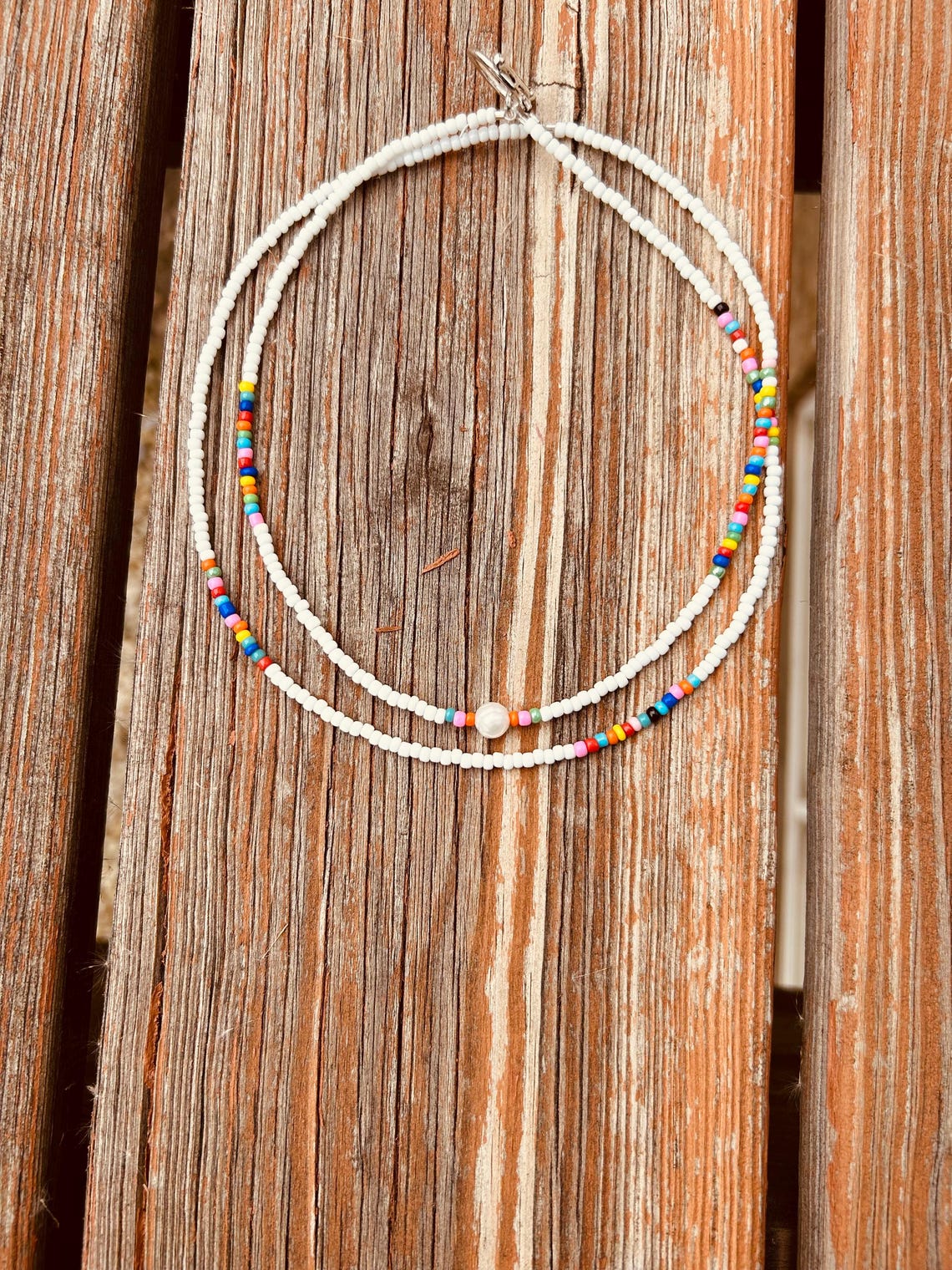 Double Strand Rainbow Colored Seed Bead Necklace With Freshwater Pear ...